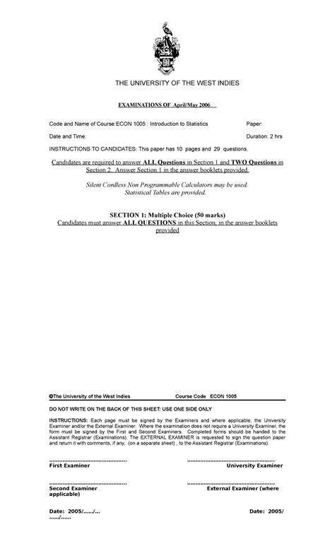 Econ 1005 Final Exam May 2006 Statistics For Economics UWI Studocu