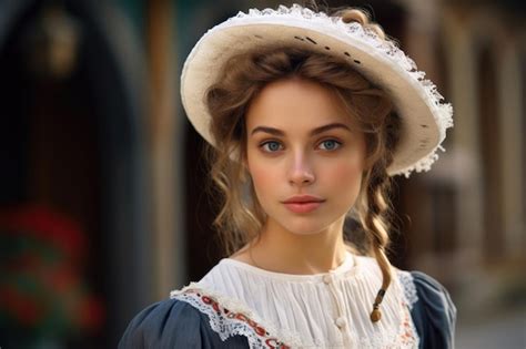 Cute Young Beautiful French Woman In National Costume Premium Ai