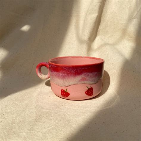 Ceramic Pink Strawberry Mug With Plate Porcelain Cup Handmade Coffee