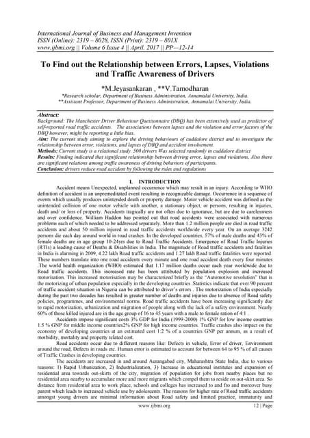To Find Out The Relationship Between Errors Lapses Violations And Traffic Awareness Of Drivers