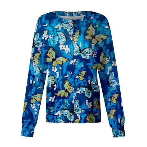 Adssdq Print Scrub Tops For Women Button Down Crew Neck Long Sleeve