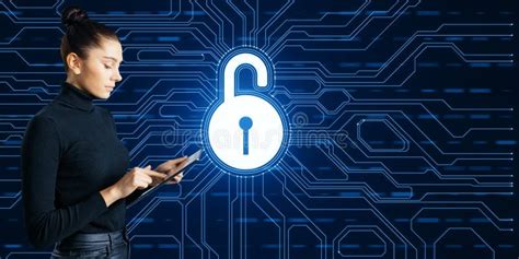 A Woman Using A Smartphone With A Digital Lock Symbol On A Circuit Board Background