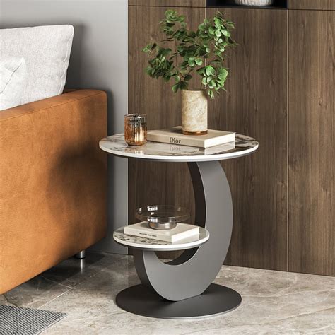 Modern Round Small Side Table With Faux Marble Top For Living Room