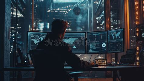 Cybersecurity Expert Monitoring Data On Multiple Screens Stock Image Image Of Monitoring
