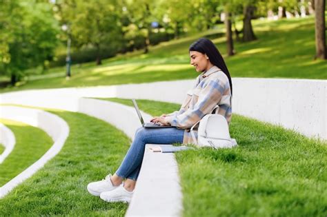 Premium Photo Distance Learning Concept Happy Babe Lady Having Remote Lecture Or Browsing