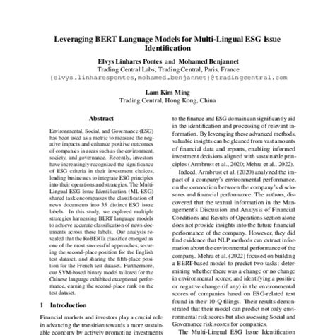 Leveraging BERT Language Models For Multi Lingual ESG Issue