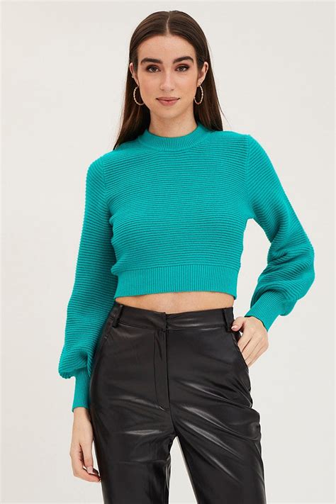 Womens Green Knit Top Long Sleeve Crop Round Neck Ally Fashion