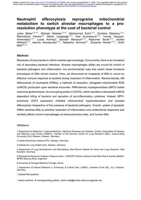 PDF Neutrophil Efferocytosis Reprograms Mitochondrial Metabolism To