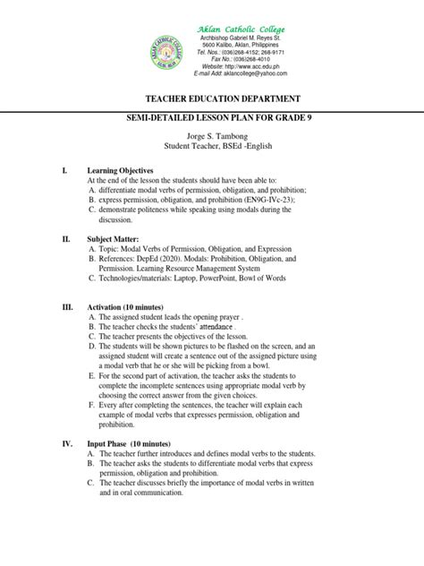 Tambong Semi Detailed Lesson Plan Performance Task Pdf Verb Lesson Plan