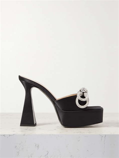 MACH MACH Double Bow Crystal Embellished Silk Satin Platform Mules