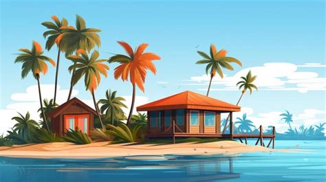 Uma Casa De Praia Palmeiras E Uma Casa Na Praia Vetor Premium