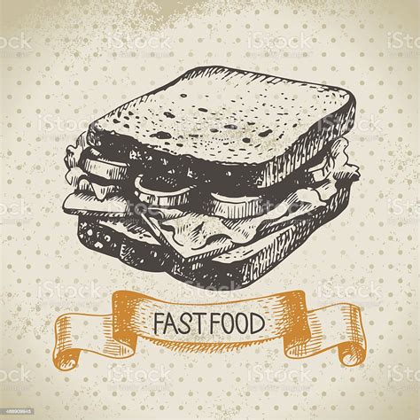 Vintage Fast Food Background向量圖形及更多三文治圖片 三文治 草圖 沙律 Istock