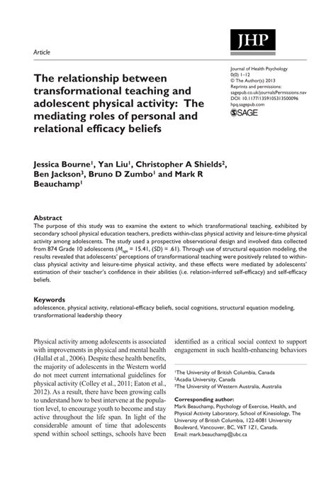 Pdf The Relationship Between Transformational Teaching And Adolescent Physical Activity The