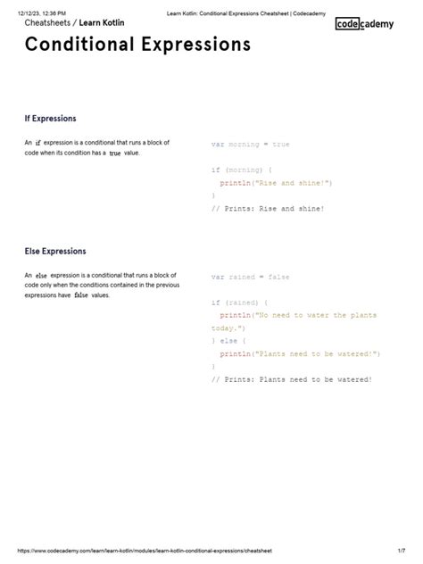Learn Kotlin Conditional Expressions Cheatsheet Pdf Programming