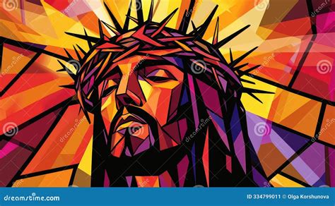 Abstract Stained Glass Style Jesus Christ Wearing Crown Of Thorns Stock