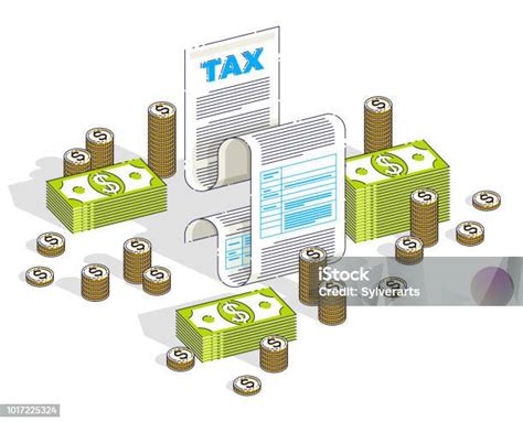 稅收概念 稅收形式或紙面法律檔與現金棧和硬幣樁在白色背景下隔離等距向量業務和財務說明 3d 細線設計向量圖形及更多一個物體圖片 Istock