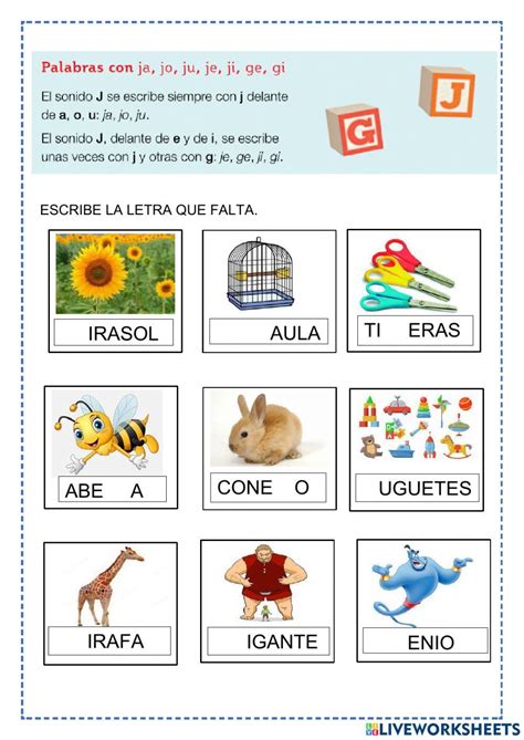 Palabras Con Ja Je Ji Jo Ji Ge Gi Worksheet