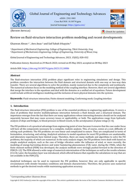 Pdf Review On Fluid Structure Interaction Problem Modeling And Recent