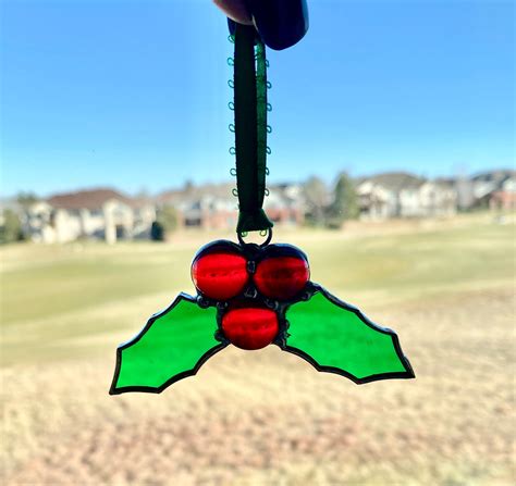 Vintage Stained Glass Holly Berry Ornament Holiday Christmas Decor Sun
