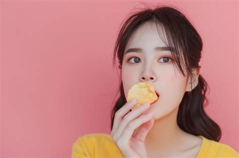 A Woman Eating A Potato Chip And Smiling Premium Ai Generated Image