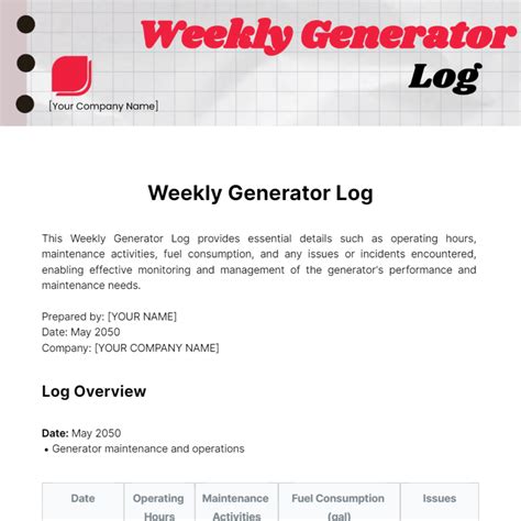 Free Weekly Generator Log Template To Edit Online