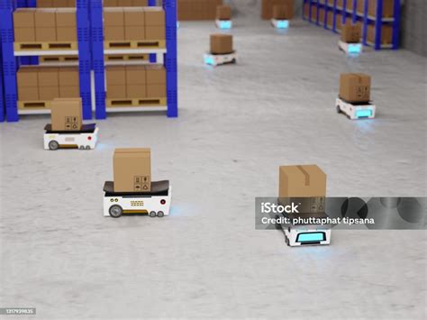 컨셉 산업 40 스마트 차량 자율 로봇 Agv 창고 물류 및 운송 골판지 상자 자동 로봇 공장에서 생산 3d 렌더링 일러스트레이션 로봇에 대한 스톡 사진 및 기타 이미지