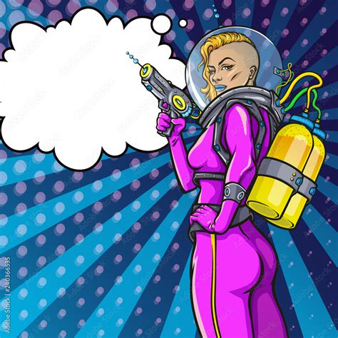 Retro Futuristic Female Astronaut Vector Illustration Of Beautiful