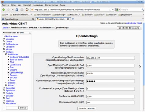 Configuración de variables de conexión del módulo de Openmeetings en Download Scientific