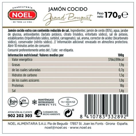 Jamón cocido lonchas bajo grasa y sal Embutidos Noel 180 g