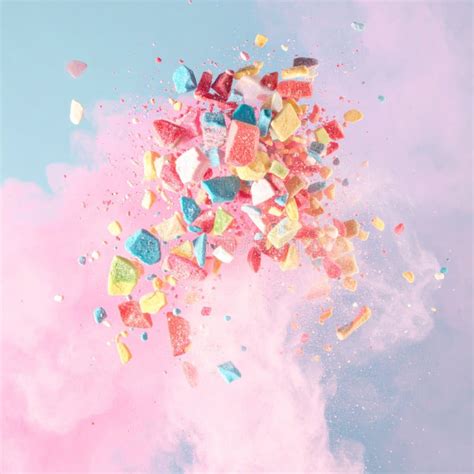 Colourful Candy Explosion With Pink And Blue Powder On A Soft Pastel Background Stock