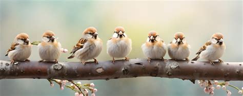 Premium Photo Flock Of Tree Sparrows On The Branch In A Garden