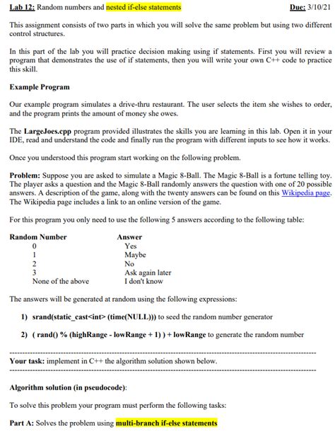 solved lab 12 random numbers and nested if else statements