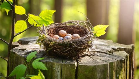 Nest With Bird Eggs On Tree Stump Natural Forest Scene Beautiful
