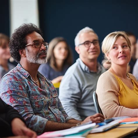 A Diverse Group Of Adults Attending An Evening Class In A Modern Classroom Engaged In Discussion