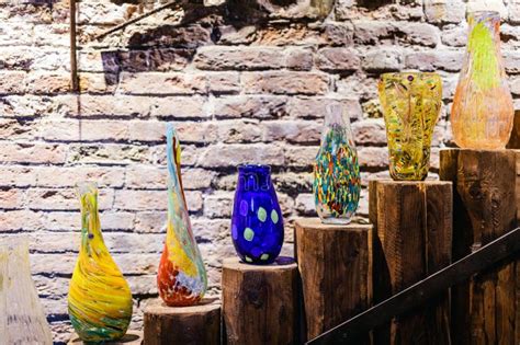 Murano Glass Exhibition Of Handmade Glassware At Workshop In Murano