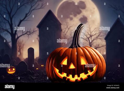 Halloween Pumpkin With Glowing Eyes Smiling In A Graveyard At Night