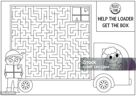 트럭 운전사가 있는 아이들을 위한 교통 흑백 미로 라인 운송 유치원 인쇄 가능한 활동 기하학적 미로 게임 배달 서비스 트럭이