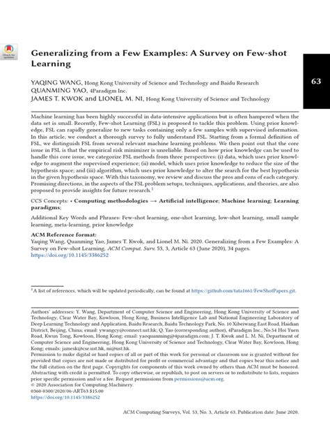 generalizing from a few examples a survey on few shot learning pdf