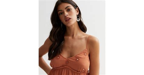 Rust Embroidered Peplum Cami Top New Look