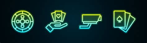 세트 라인 카지노 룰렛 휠 카드 놀이 보안 카메라 및 데크를 들고 있습니다 빛나는 네온 아이콘입니다 벡터 가능성에 대한 스톡 벡터 아트 및 기타 이미지 Istock