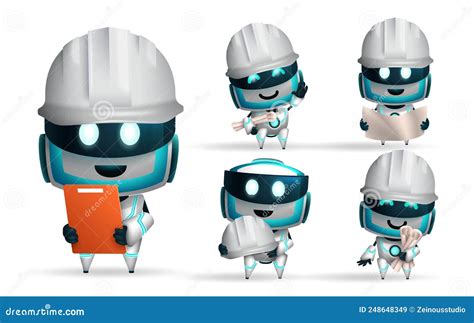 Robots Character Vector Set Design Robotic Characters With Pose And Gestures Of Standing