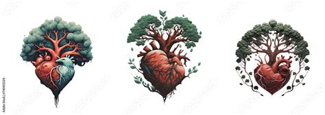 Tree In The Center Has Root In A Shape Of A Realistic Human Heart And The Tree Has Heart Shaped
