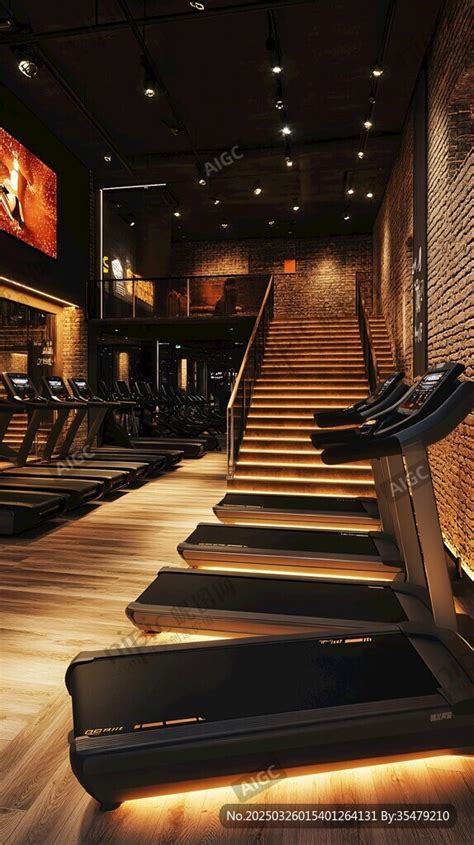 Ai创作图健身房 跑步机 楼梯 健身器材 室内设计 灯光 木质地板 墙面 装饰 运动空间 锻炼 健身场所 设备 运动氛围 建筑元素 昵图网
