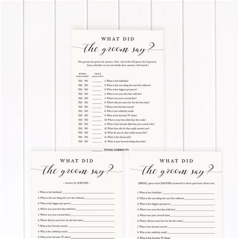 Two Wedding Game Cards With The Words What Did The Groom Say