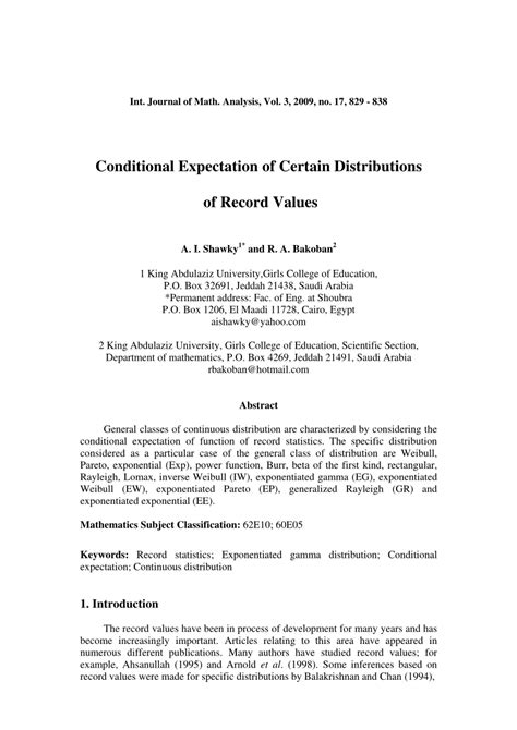 Pdf Conditional Expectation Of Certain Distributions Of Record Values