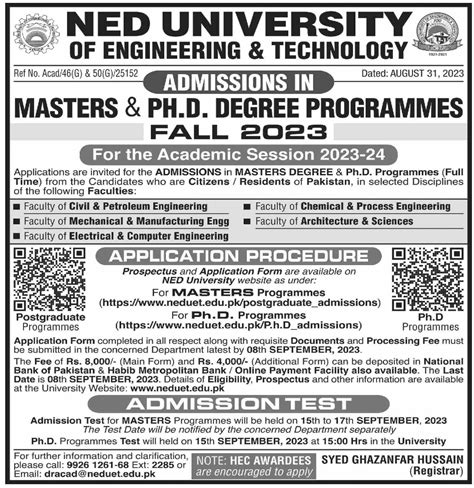 Ned University Of Engineering Technology Admissions 2023