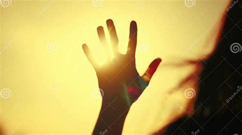 Hand Of Happy Girl At Sunset With Glittering Golden Light Sunset