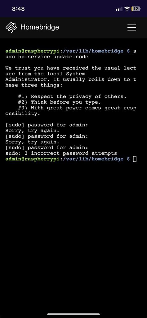 can t update node password for admin not working r homebridge