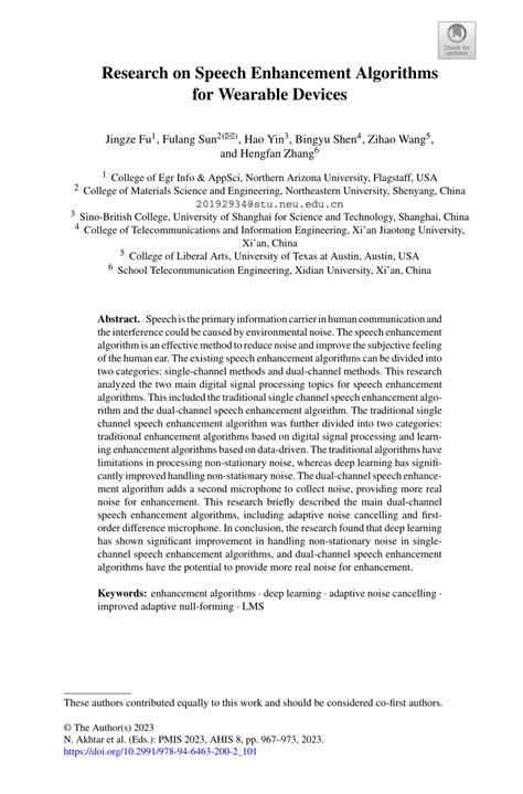 Pdf Research On Speech Enhancement Algorithms For Wearable Devices