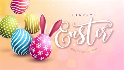 행복 한 부활절 그림 꽃 그린 달걀 토끼 귀 분홍색 배경에 그림 벡터 국제 종교 축하 휴일 디자인 인사말 카드 또는 배너에 대 한 타이포그래피 편지 3차원 형태에 대한 스톡